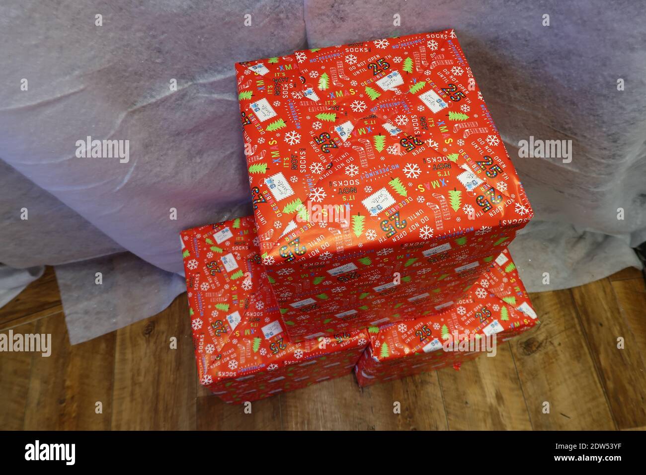 A scene looking down on presents from santa to illustrate the concept ...