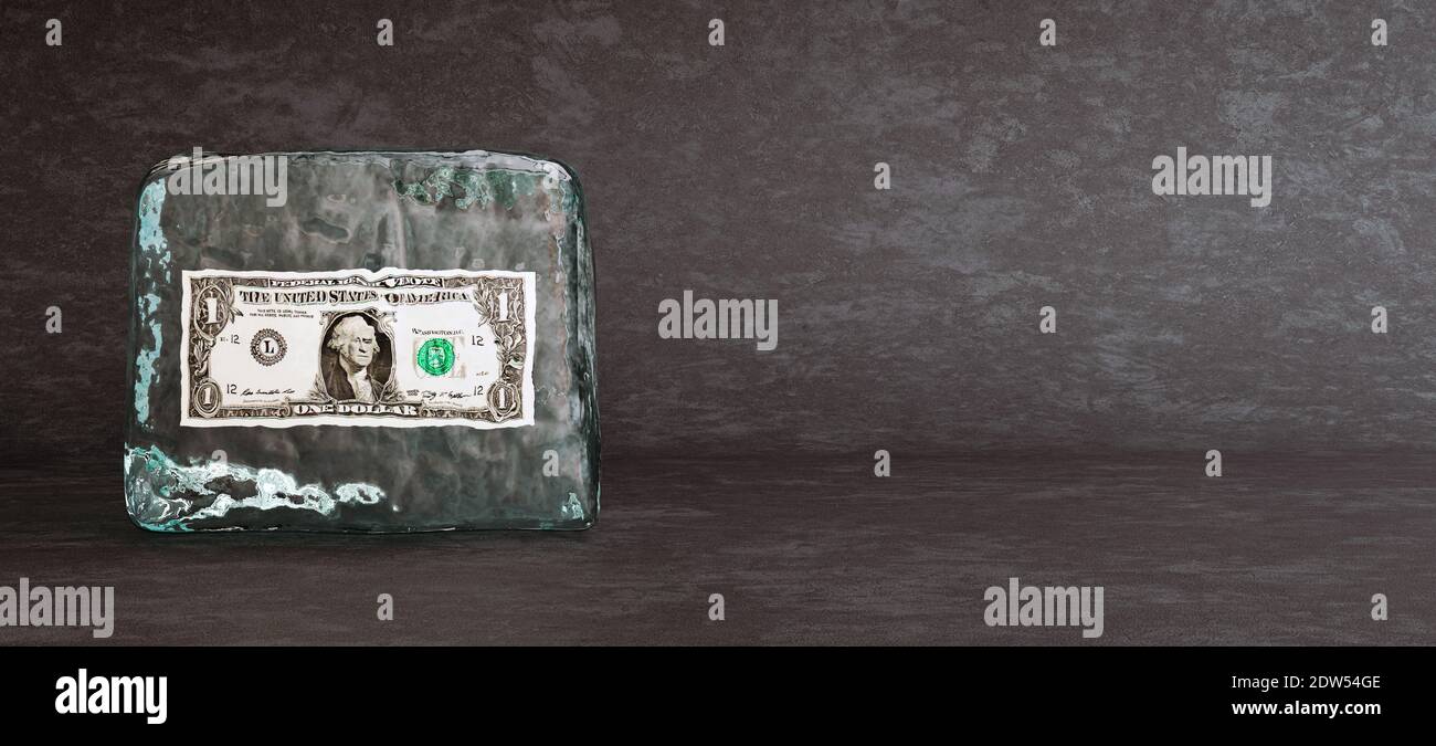 One dollar bill frozen in ice cube, frozen money and bad investment ...