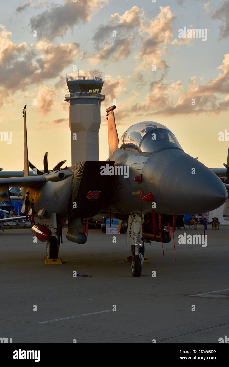 F-15 fighter jet on tarmac in Boeing Plaza at sunset, radio control ...