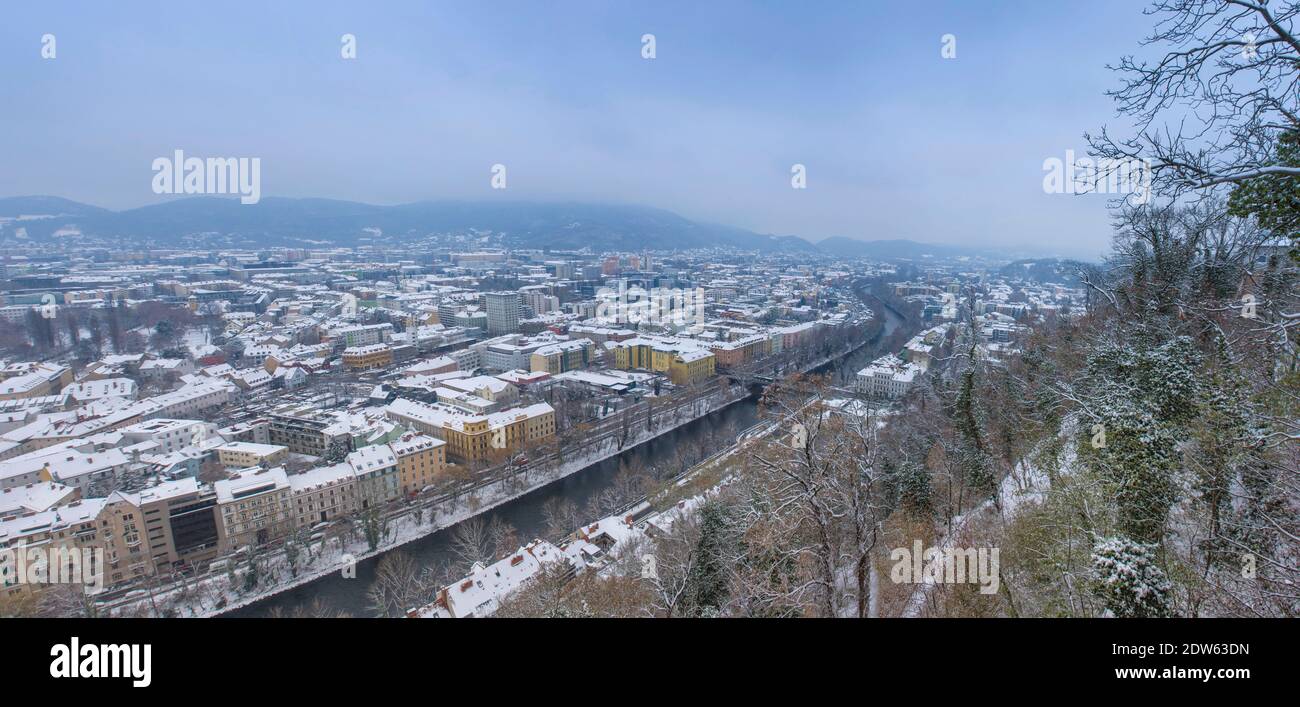 Cityscape of Graz with Mur river and historic buildings rooftops in ...