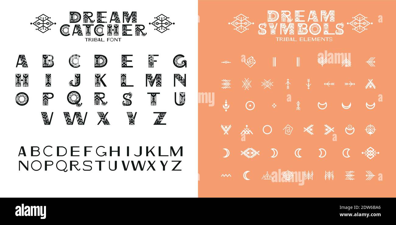 Tribal Alphabet and ornaments. Letters and symbols in geometric ethnic ...