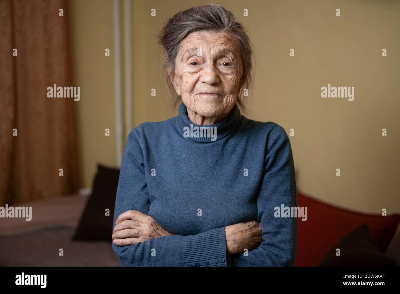 90 year old cute elderly woman with gray hair and wrinkles face ...