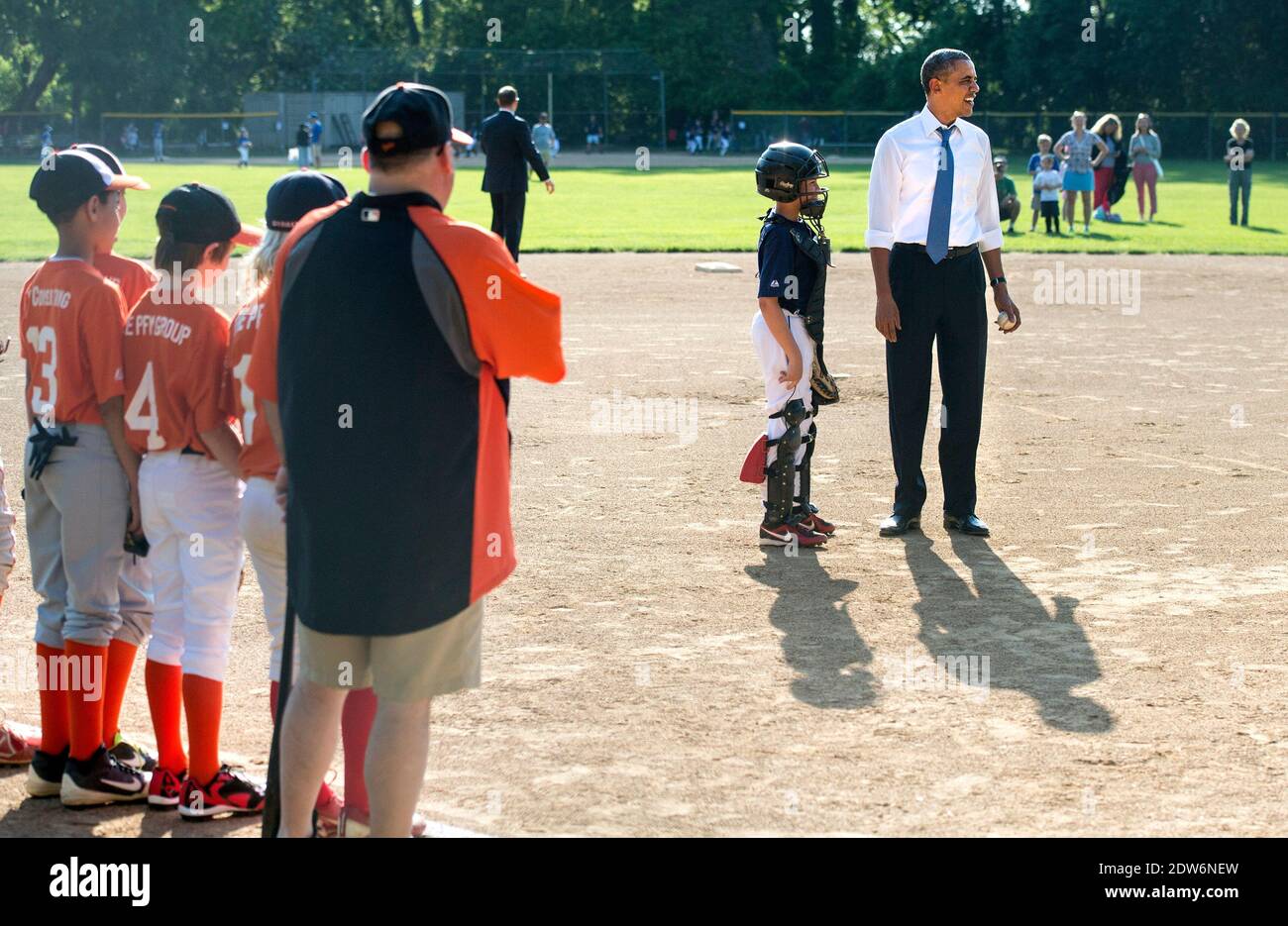 President Barack Obama stands with catcher Danny Ringel, 10, after ...