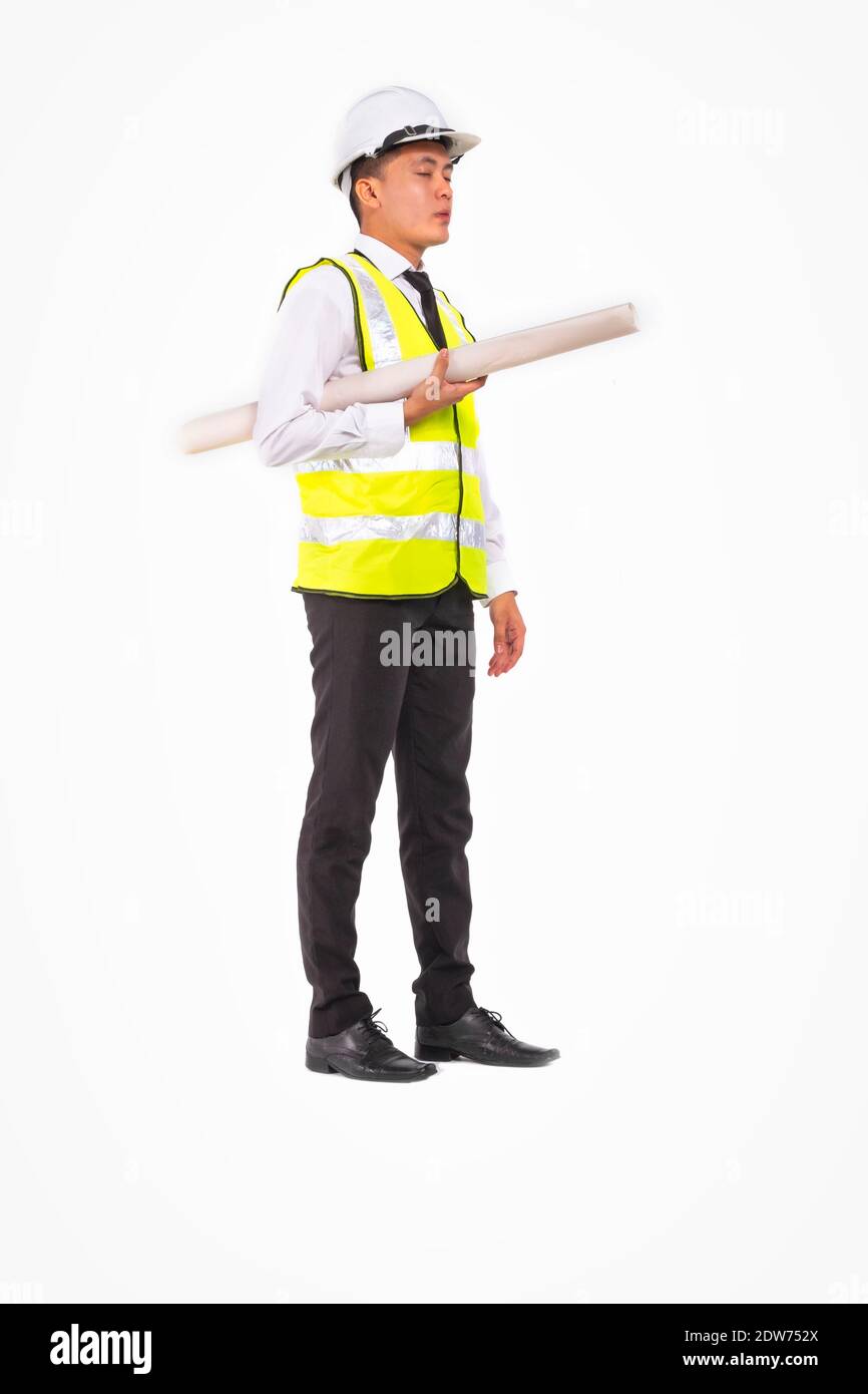 Architect Holding Blueprint While Standing Against White Background ... Architect Holding Blueprint While Standing Against White Background ...