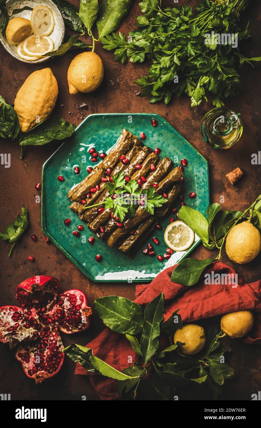 Turkish traditional starter meze. Flat-lay of Sarma wine leaves filled ...