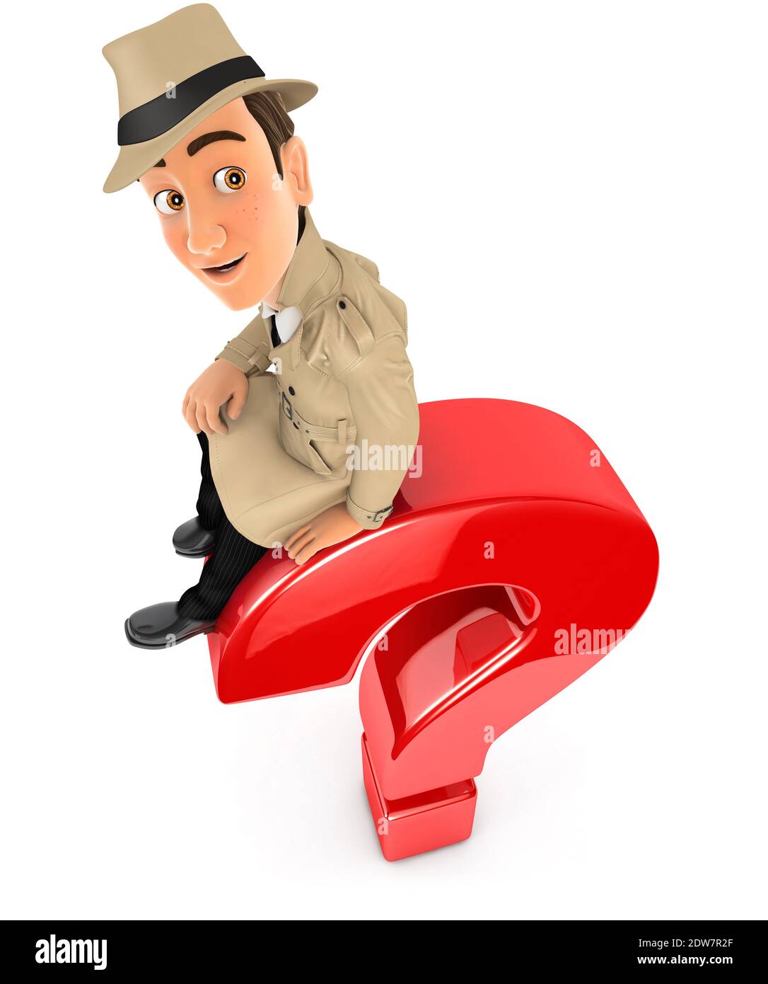 3d detective sitting on top of question mark, illustration with ...