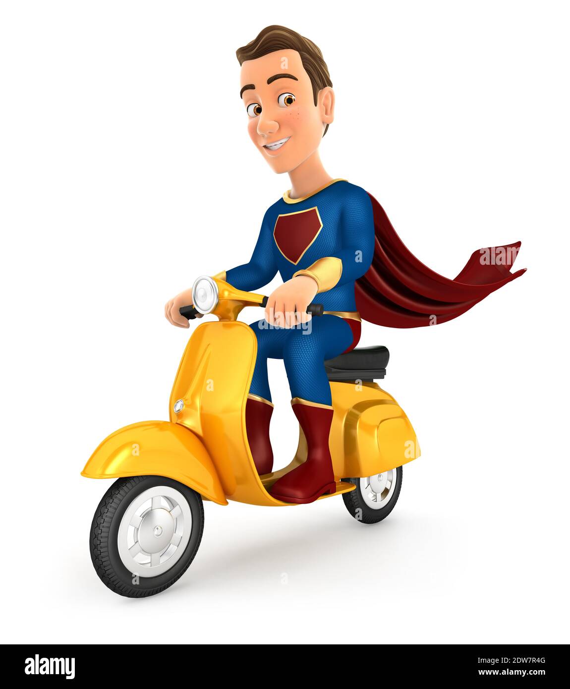 3d superhero riding scooter, illustration with isolated white ...