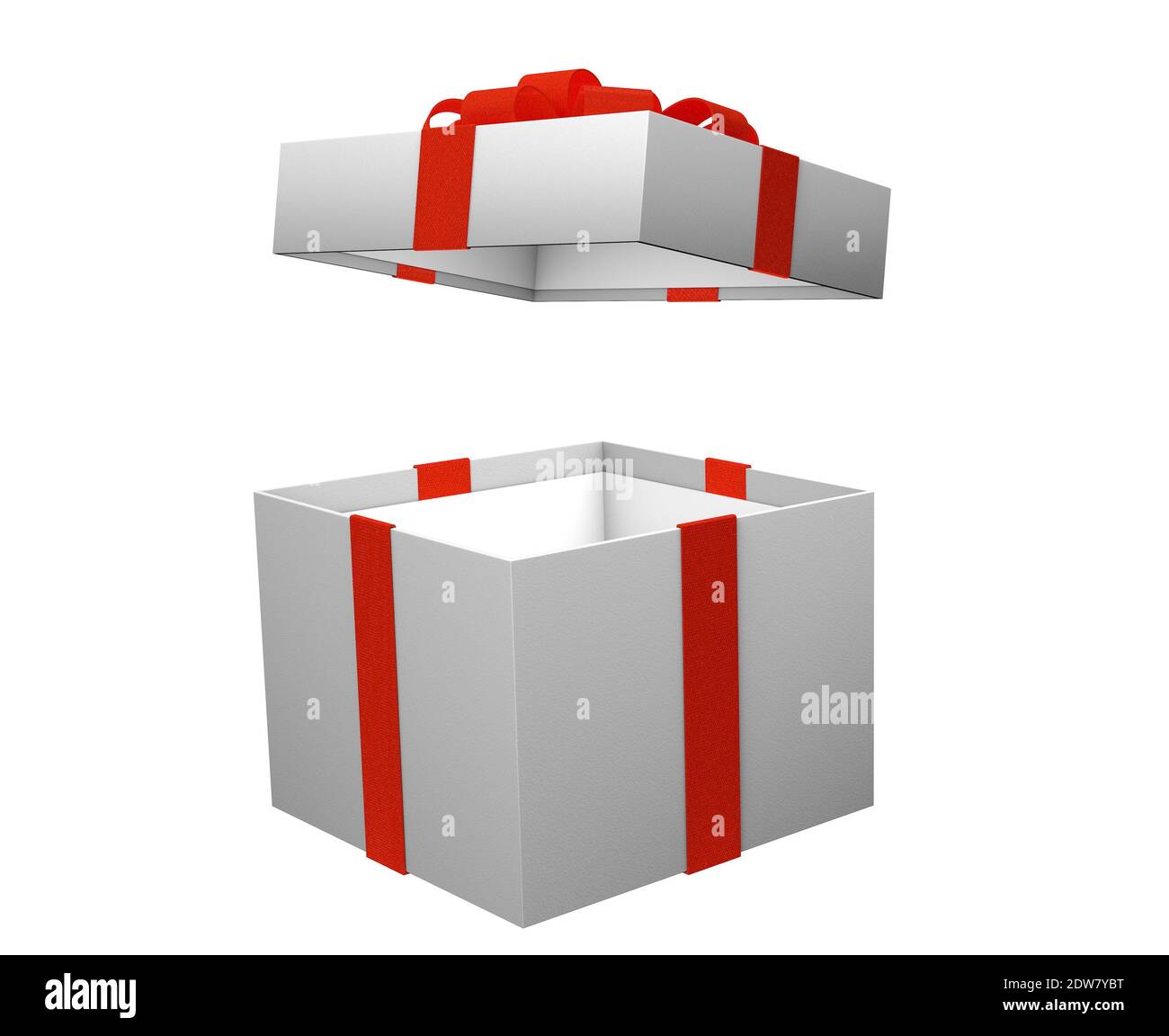 Open empty box for gifts with red ribbon isolated on white background ...