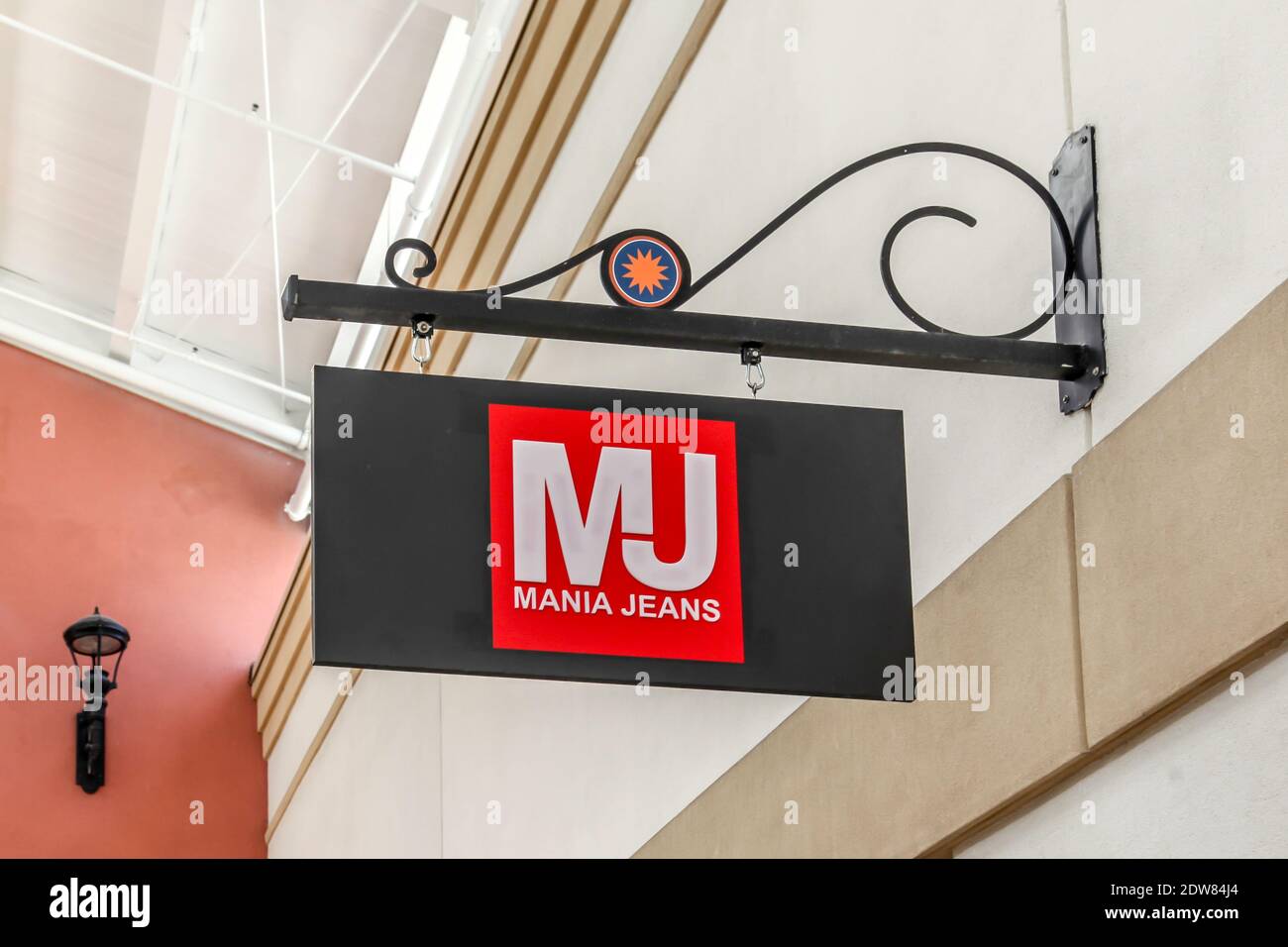 Orlando, Florida, USA- February 5, 2020: MJ mania jeans store sign in Orlando, Florida, USA ...