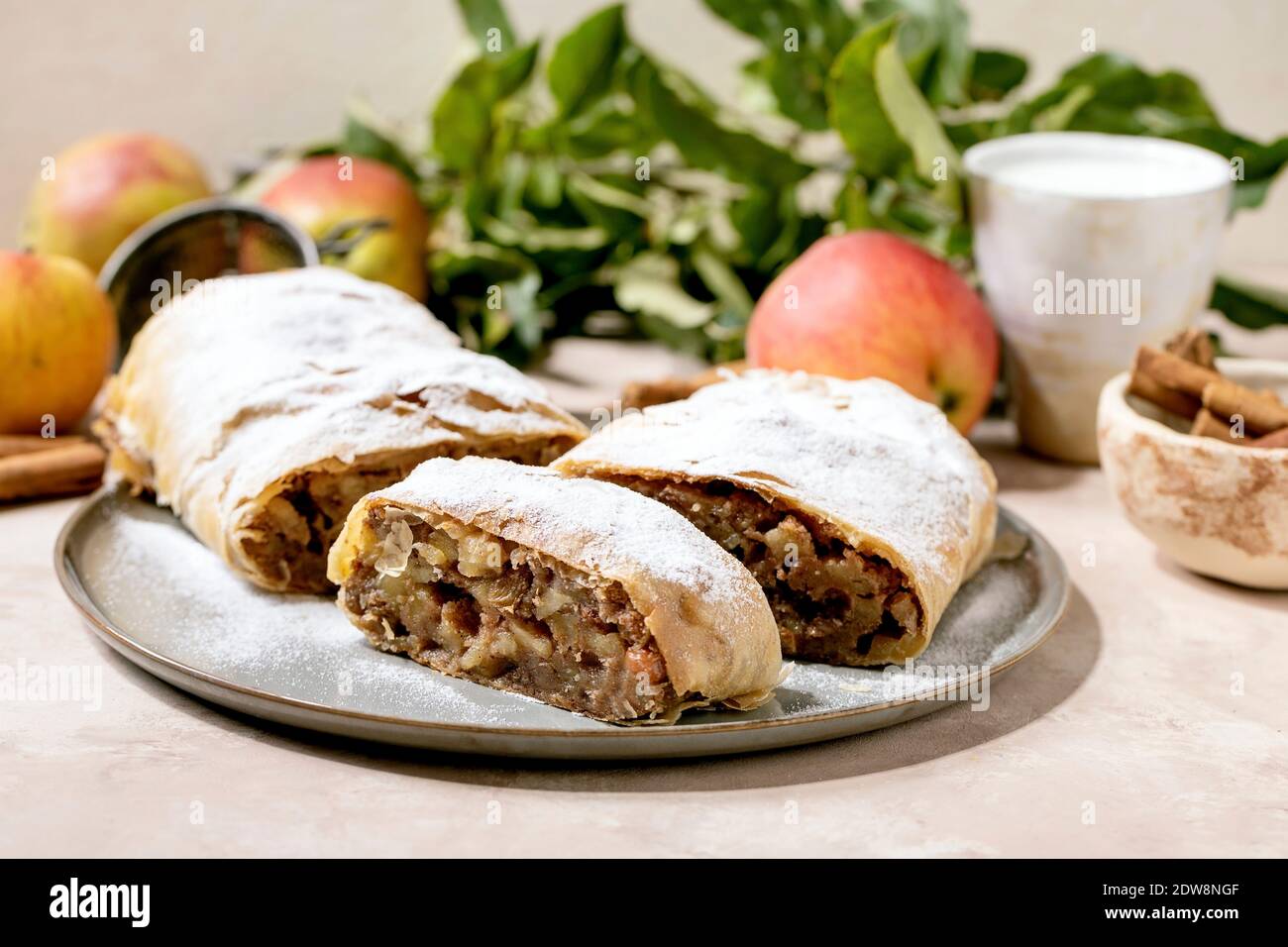 Homemade sliced classic apple strudel with icing sugar on ceramic plate ...