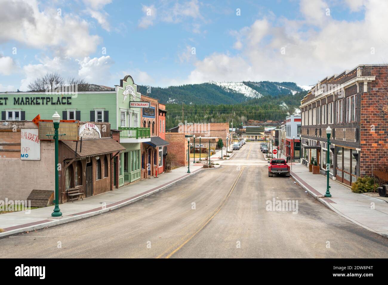 The main street of historic Priest River, Idaho, in the Northwest of ...