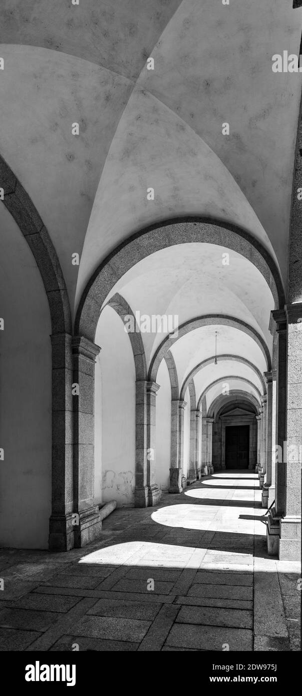 View in black and white of the cloister of the Monastery of Saint Mary ...