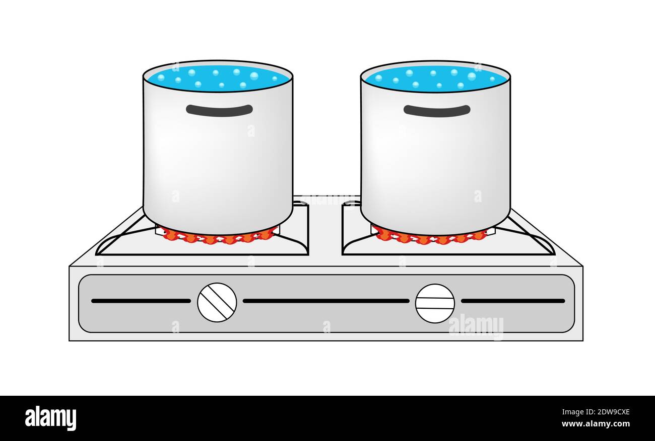 Stove with two metal pots and boiling water on a white background Stock ...