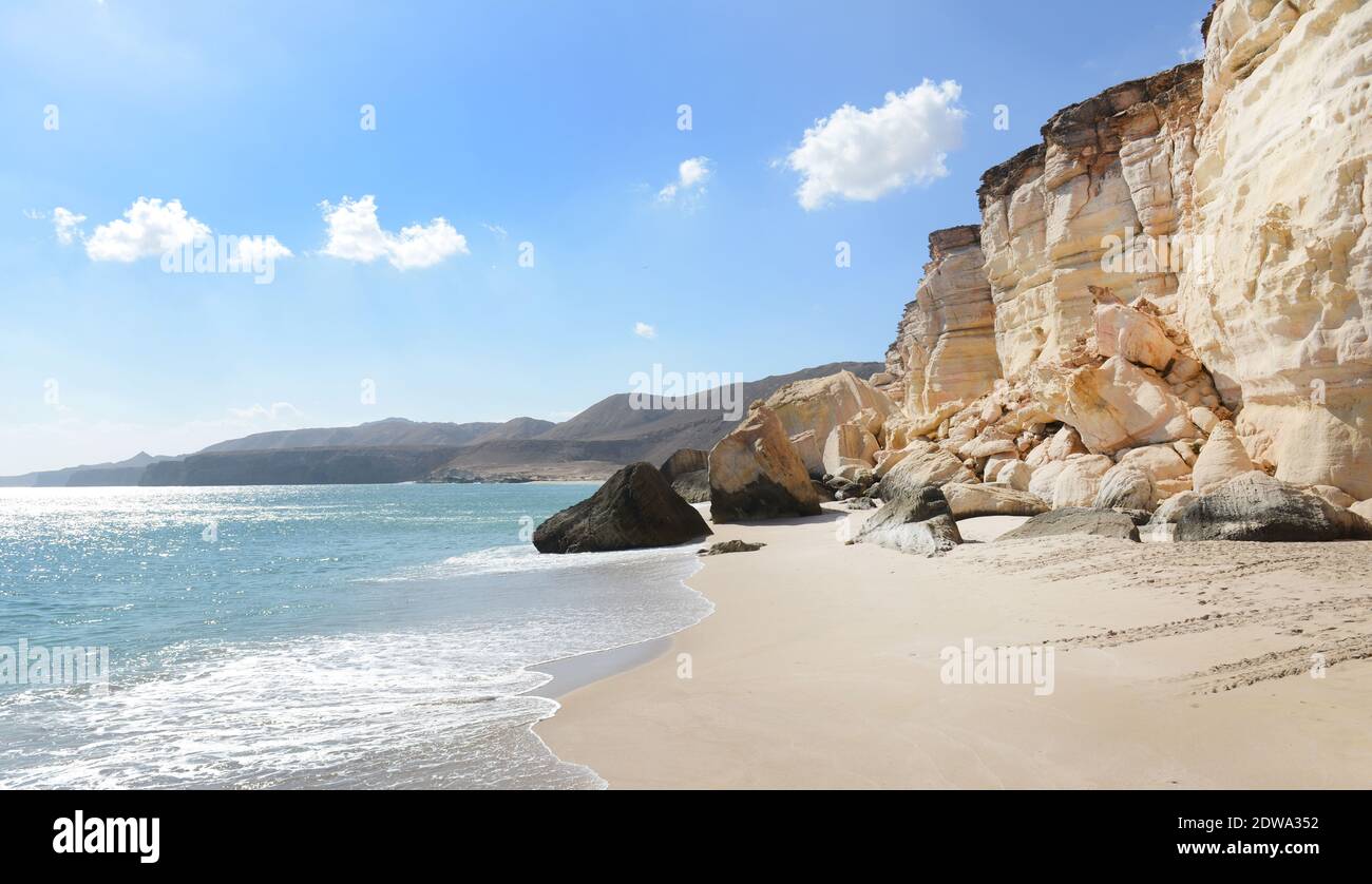 The beautiful beach at the Ras al Jinz Turtle Reserve in Oman Stock ...