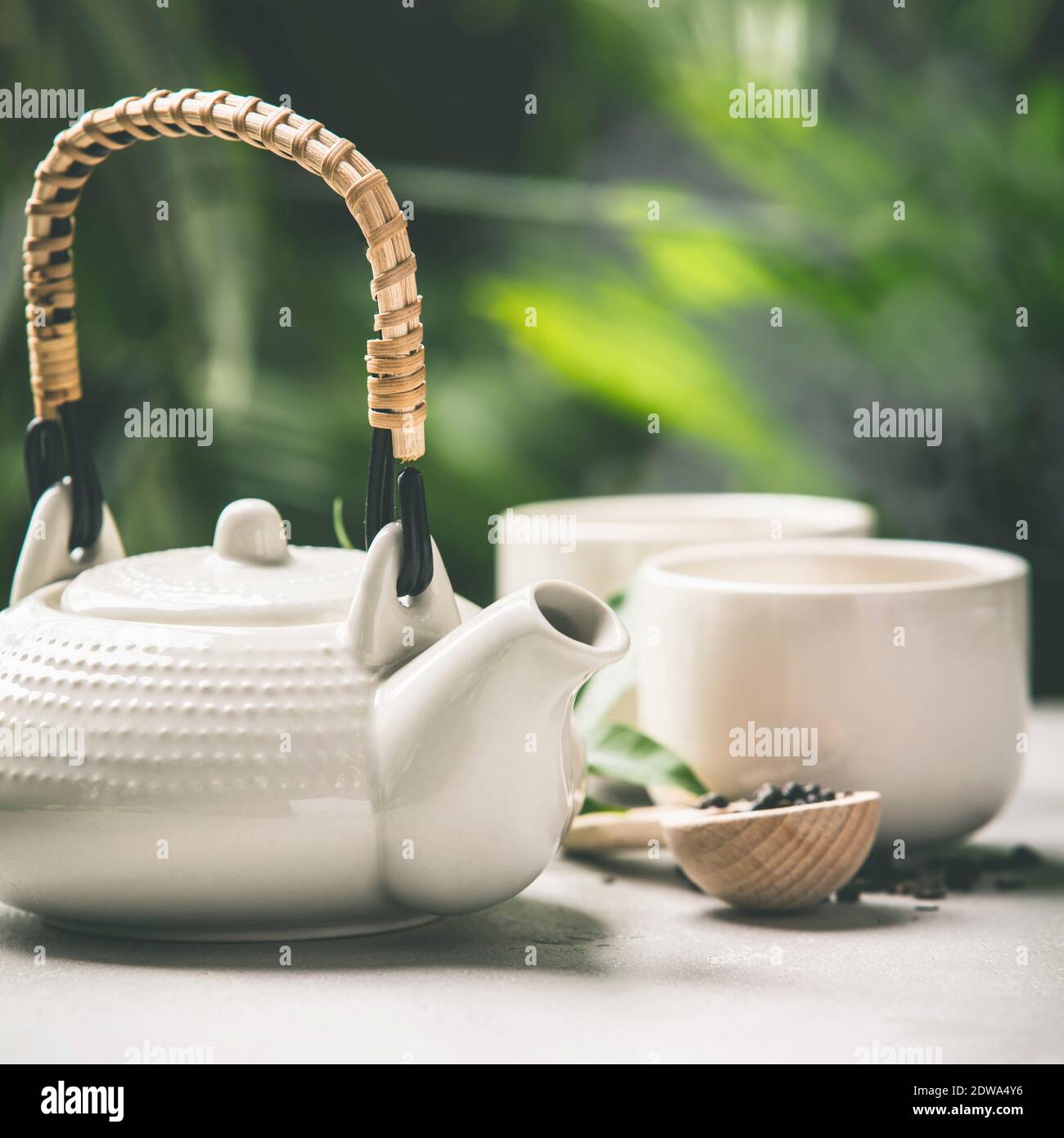 Tea composition on tropical leaves background- healthy life and ...
