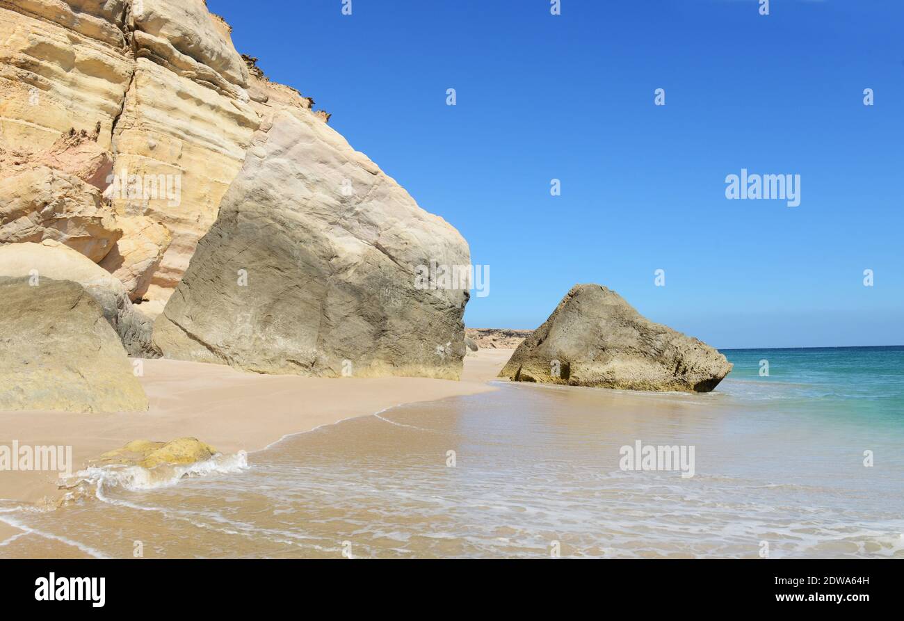 The beautiful beach at the Ras al Jinz Turtle Reserve in Oman Stock ...