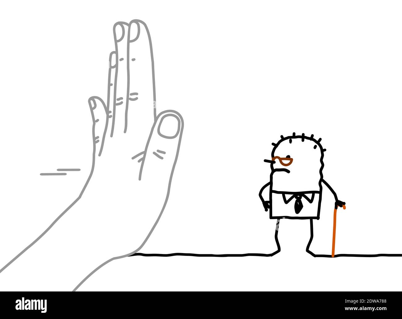 Hand drawn Big Hand with Cartoon Character - Stop Sign Facing an old ...