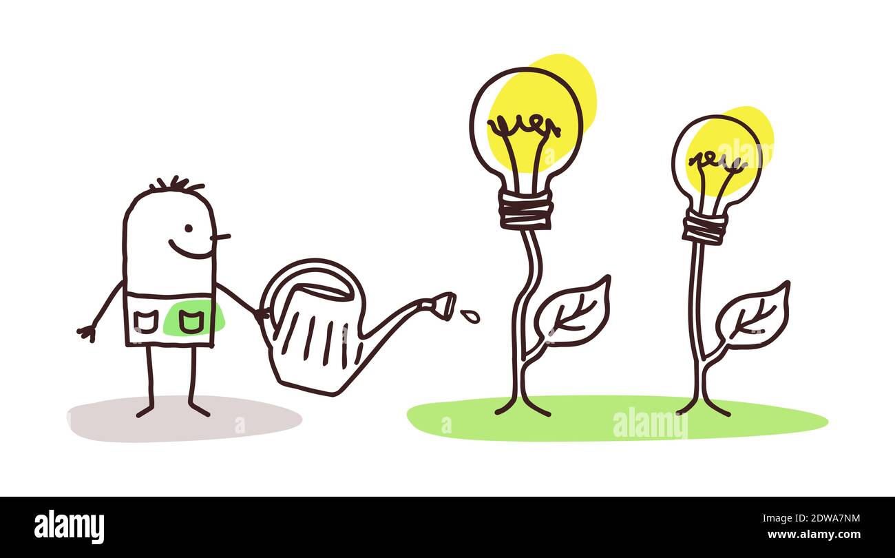 Hand drawn Cartoon Man Watering Growing Lightening Bulbs Stock Vector ...