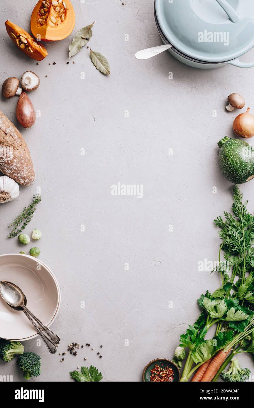 Cooking pot and various organic ingredients, top view, cooking concept ...