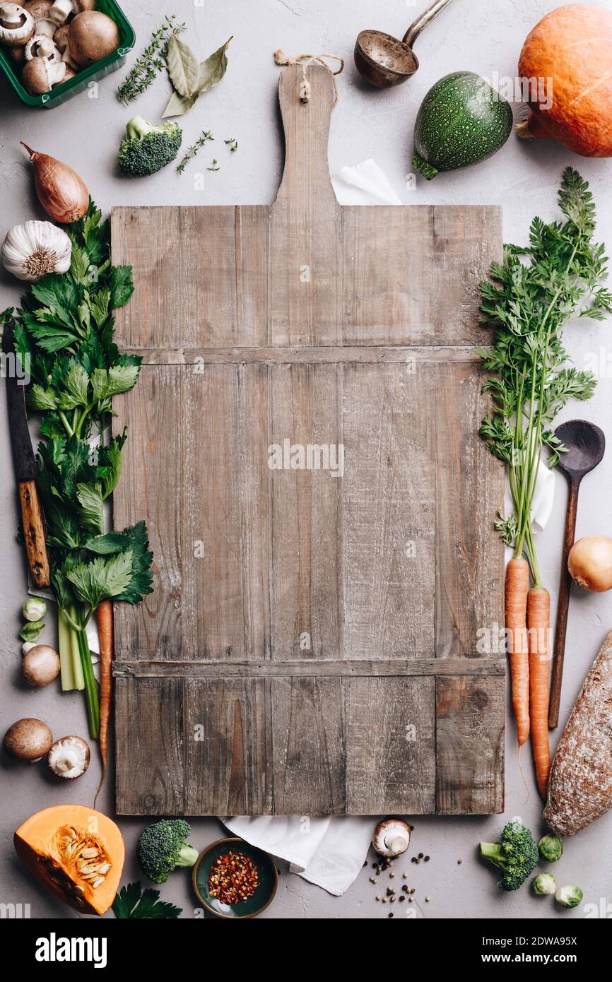 Cooking pot and various organic ingredients, top view, cooking concept ...