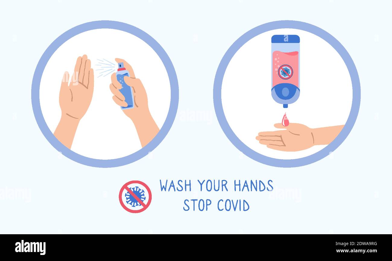 Social poster disinfection from virus. Hand sanitizer wall or spray ...