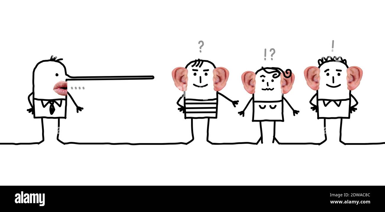 Hand drawn - Cartoon Liar Man talking to Listening People - Collage ...