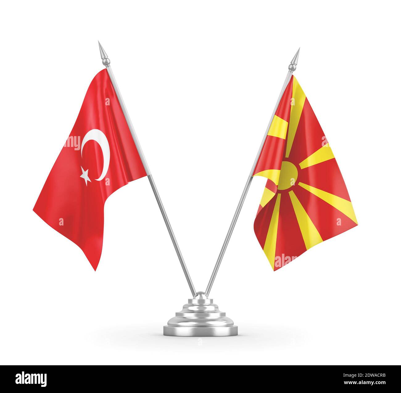 North Macedonia and Turkey table flags isolated on white 3D rendering ...