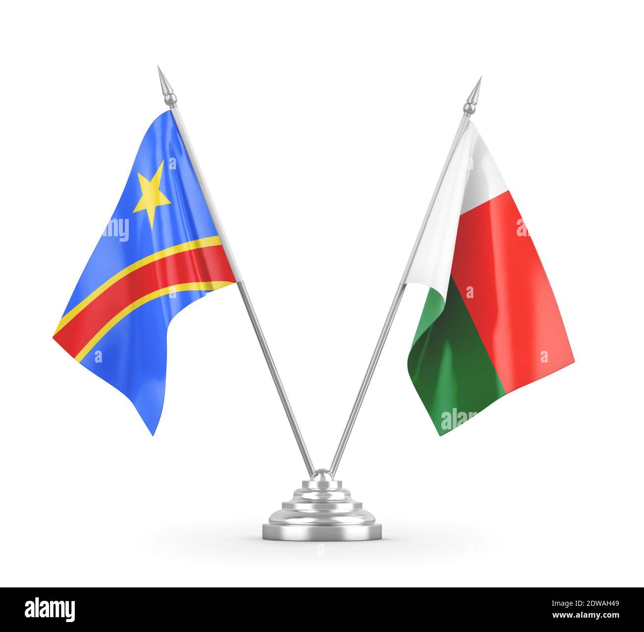 Madagascar and Congo Democratic Republic table flags isolated on white ...