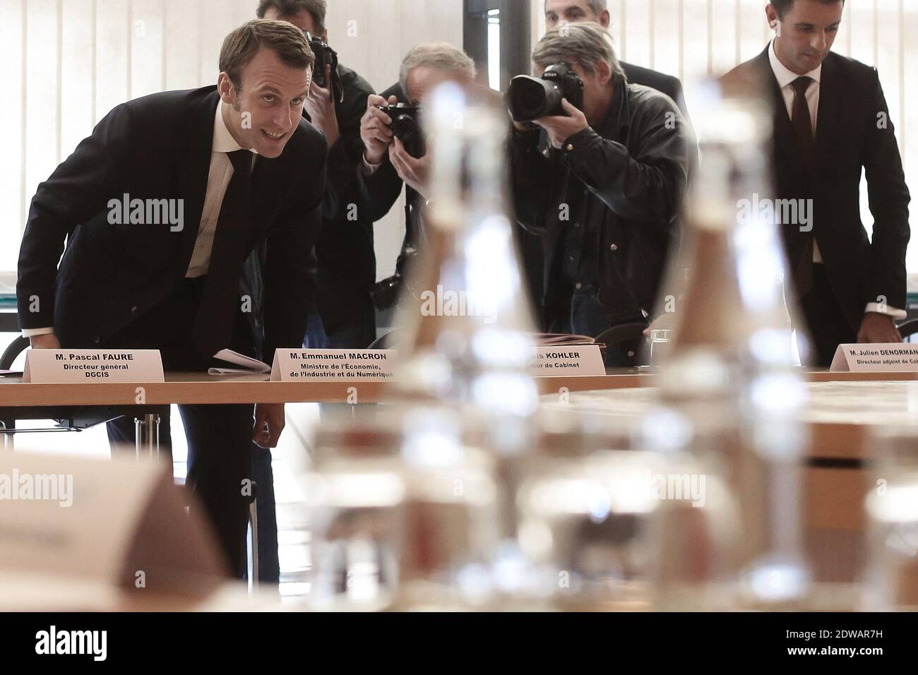 French Economy minister, Emmanuel Macron receives the chiefs of ...