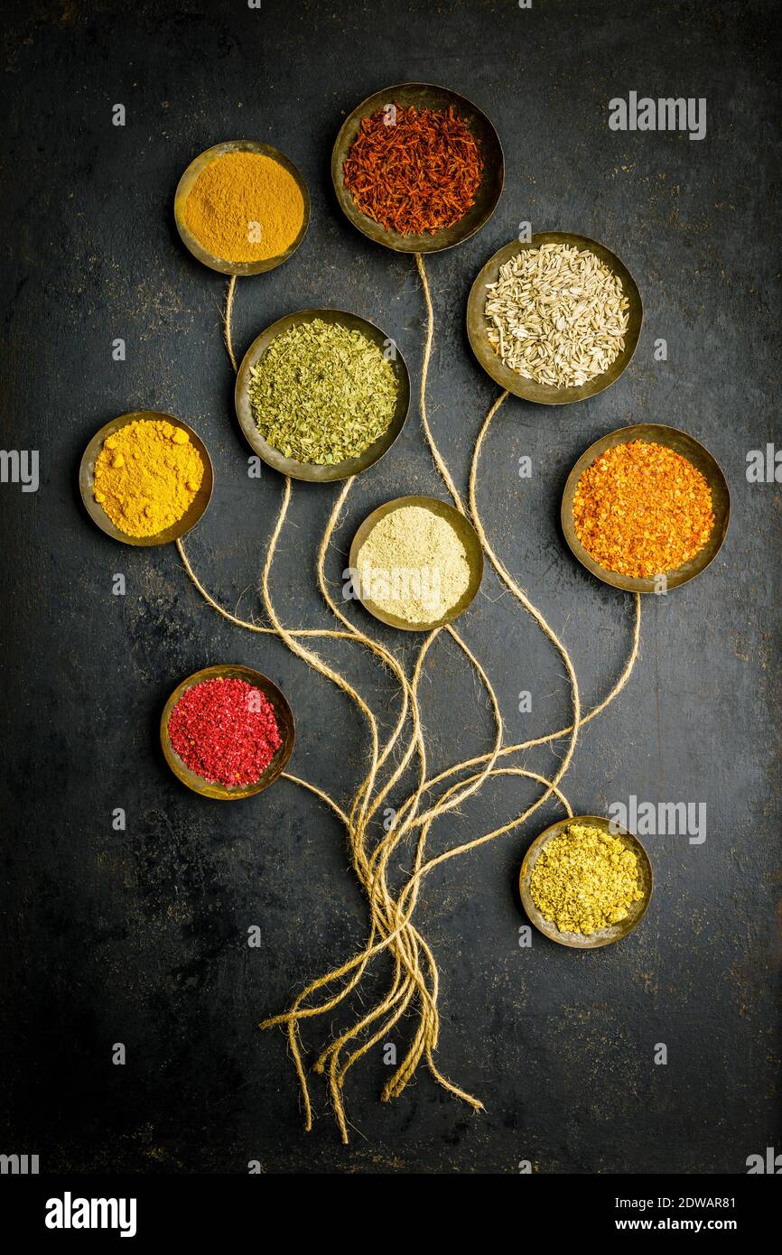 Food art creative concepts. Various bowls of spices over dark ...