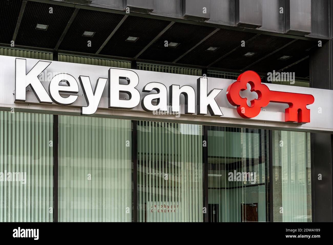 Closeup of KeyBank sign and logo on the building in Pittsburgh, USA ...
