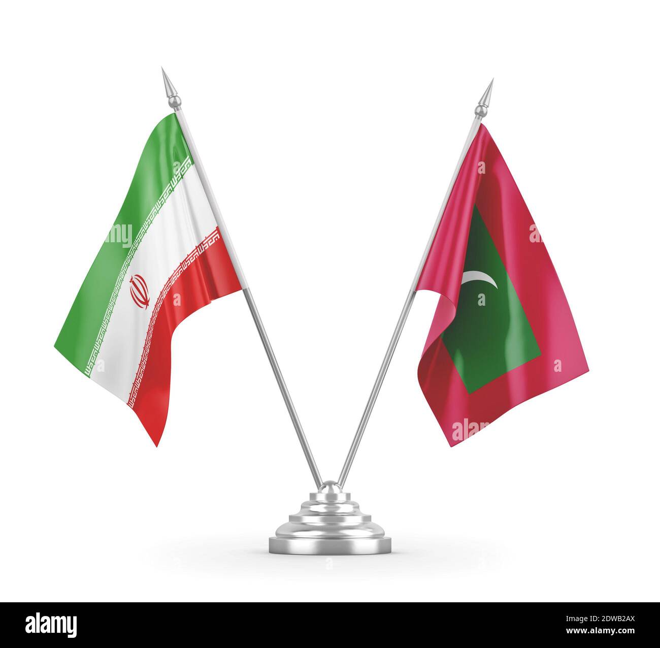 Maldives and Iran table flags isolated on white 3D rendering Stock ...