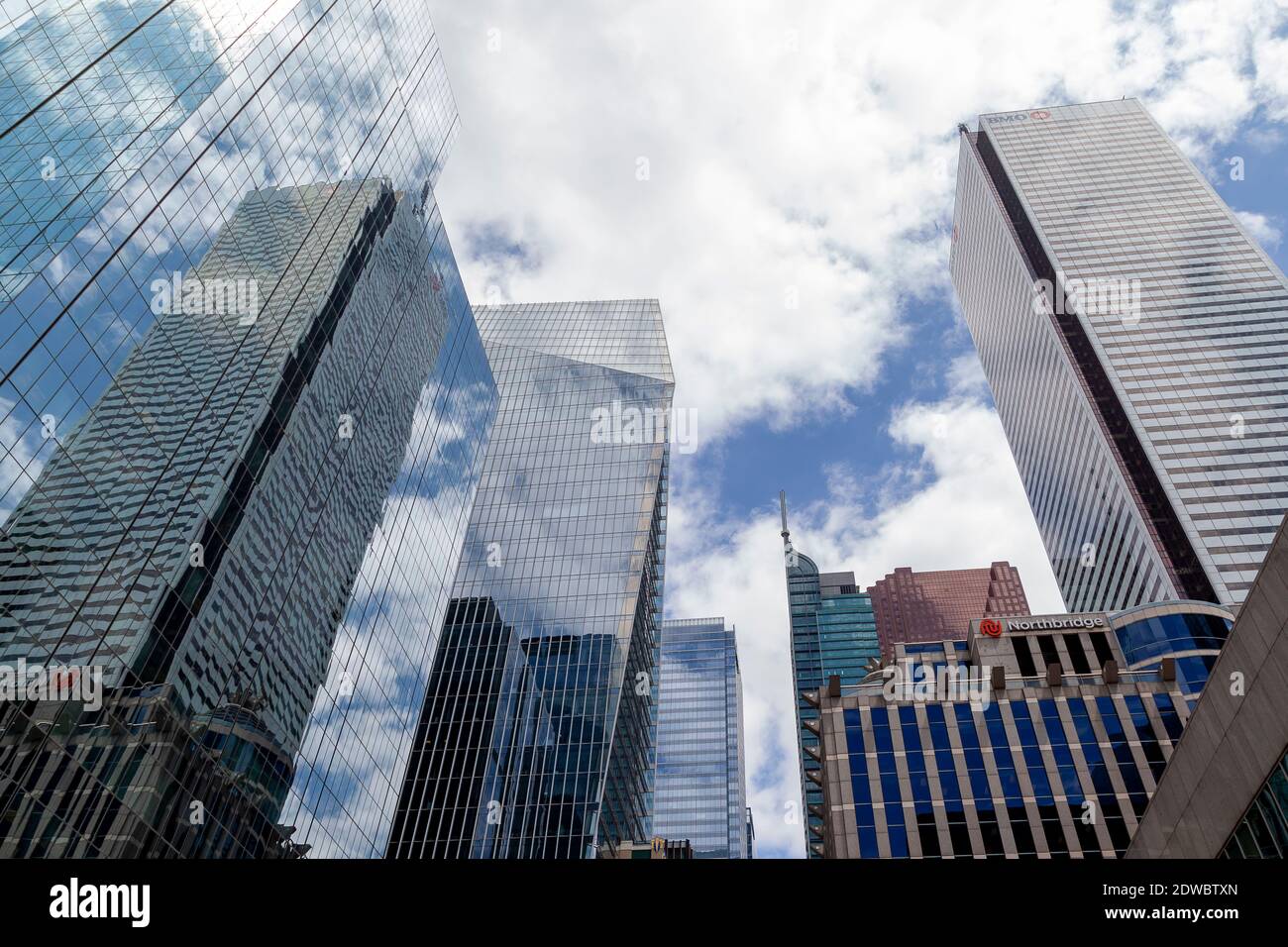 Looking up office buildings at financial district in downtown Toronto ...