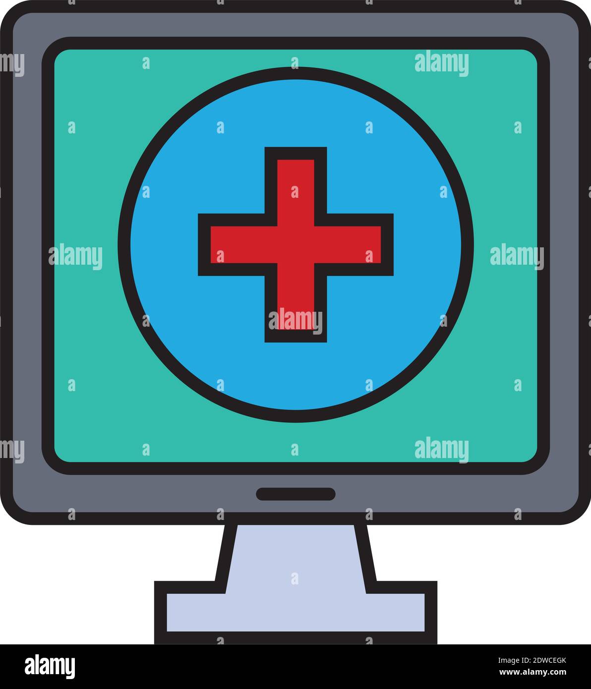 computer with medical cross symbol line and fill style icon Stock ...