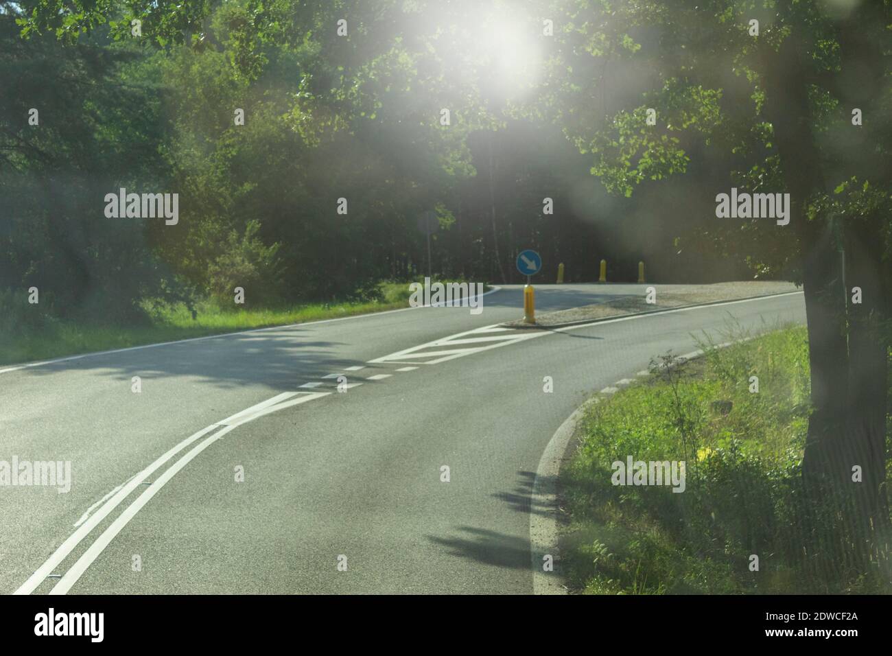 Road markings and right turn. View of the road with markings from the ...