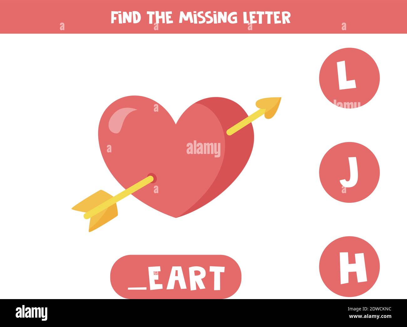Find missing letter with cute cartoon heart with arrow. Spelling game ...
