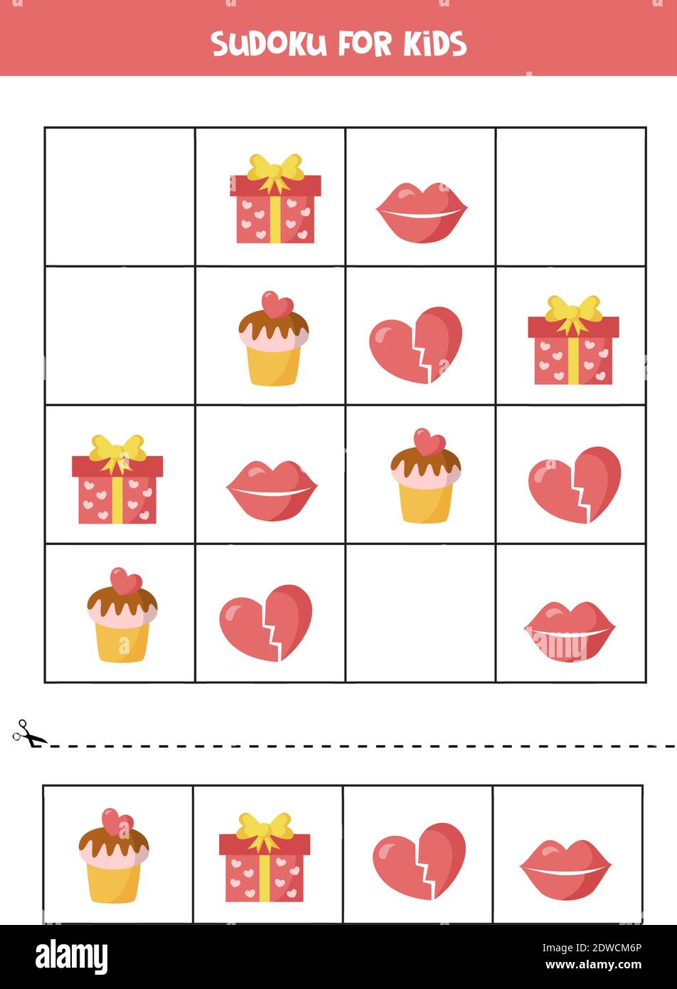 Sudoku puzzle with cute cartoon valentine objects. Logical game for ...