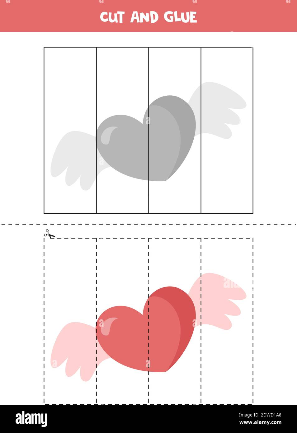 Cut and glue Valentine heart with wings. Cutting practice worksheet ...
