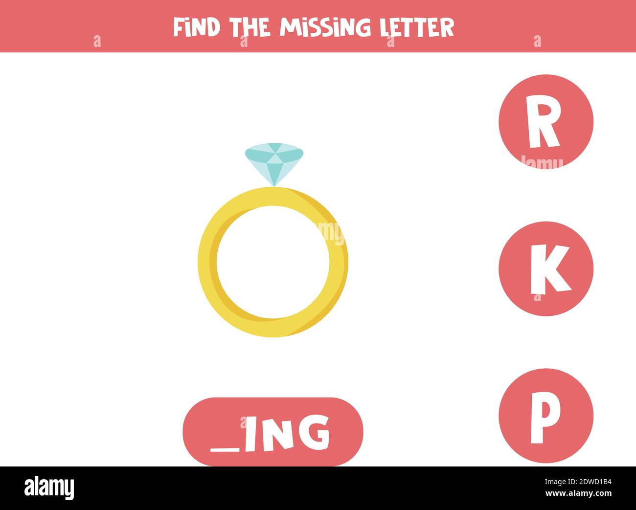 Find missing letter with cute cartoon ring with diamond. Spelling game ...