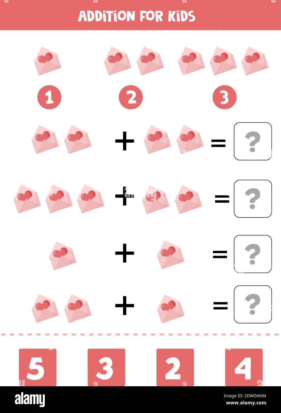 Addition with cute valentine envelope with heart. Educational math game ...