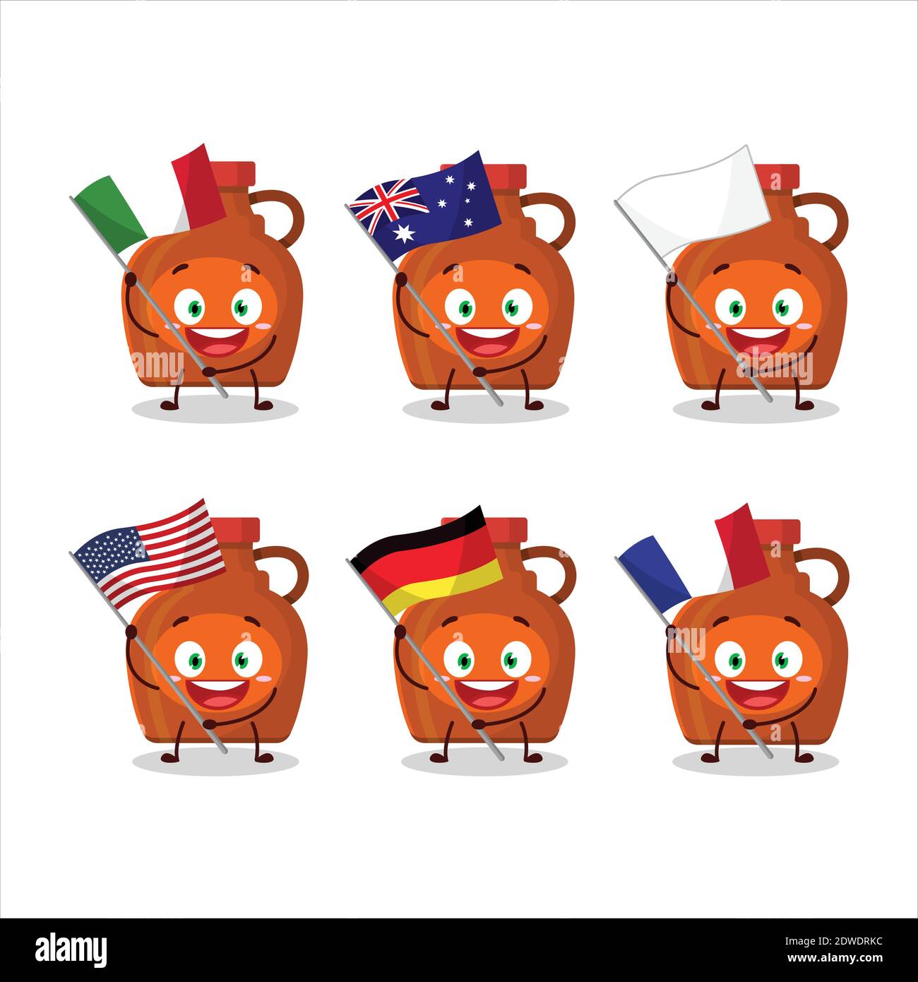 Maple syrup cartoon character bring the flags of various countries ...