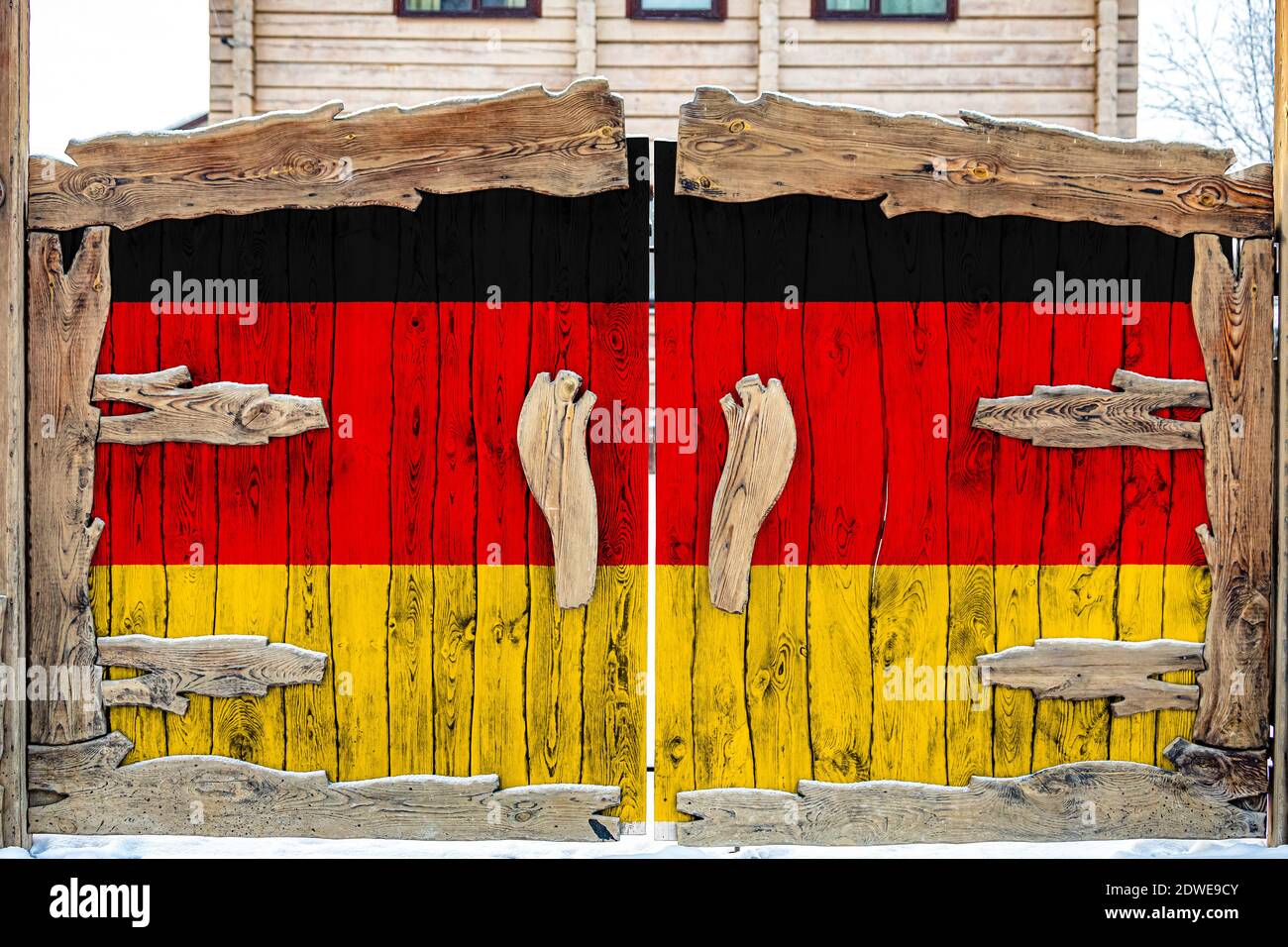 Close-up of the national flag of Germany on a wooden gate at the ...