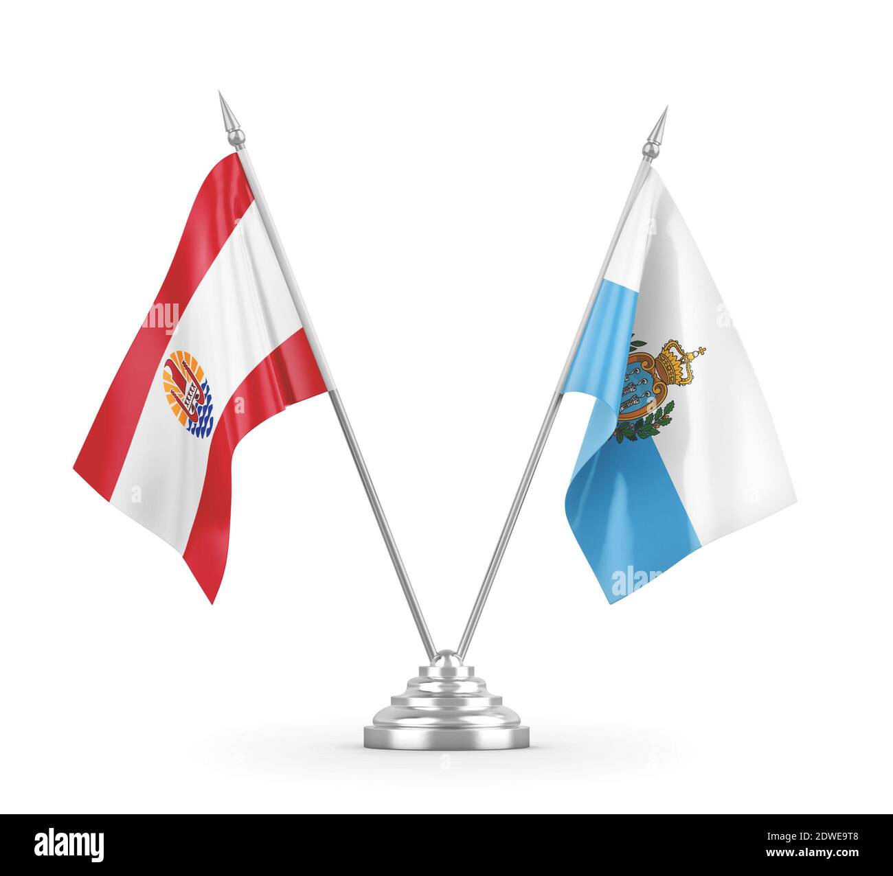 San Marino and French Polynesia table flags isolated on white 3D ...