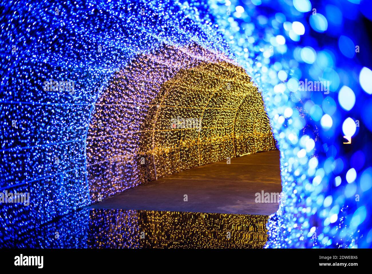 blue lighting tunnel with reflection on ground Stock Photo - Alamy