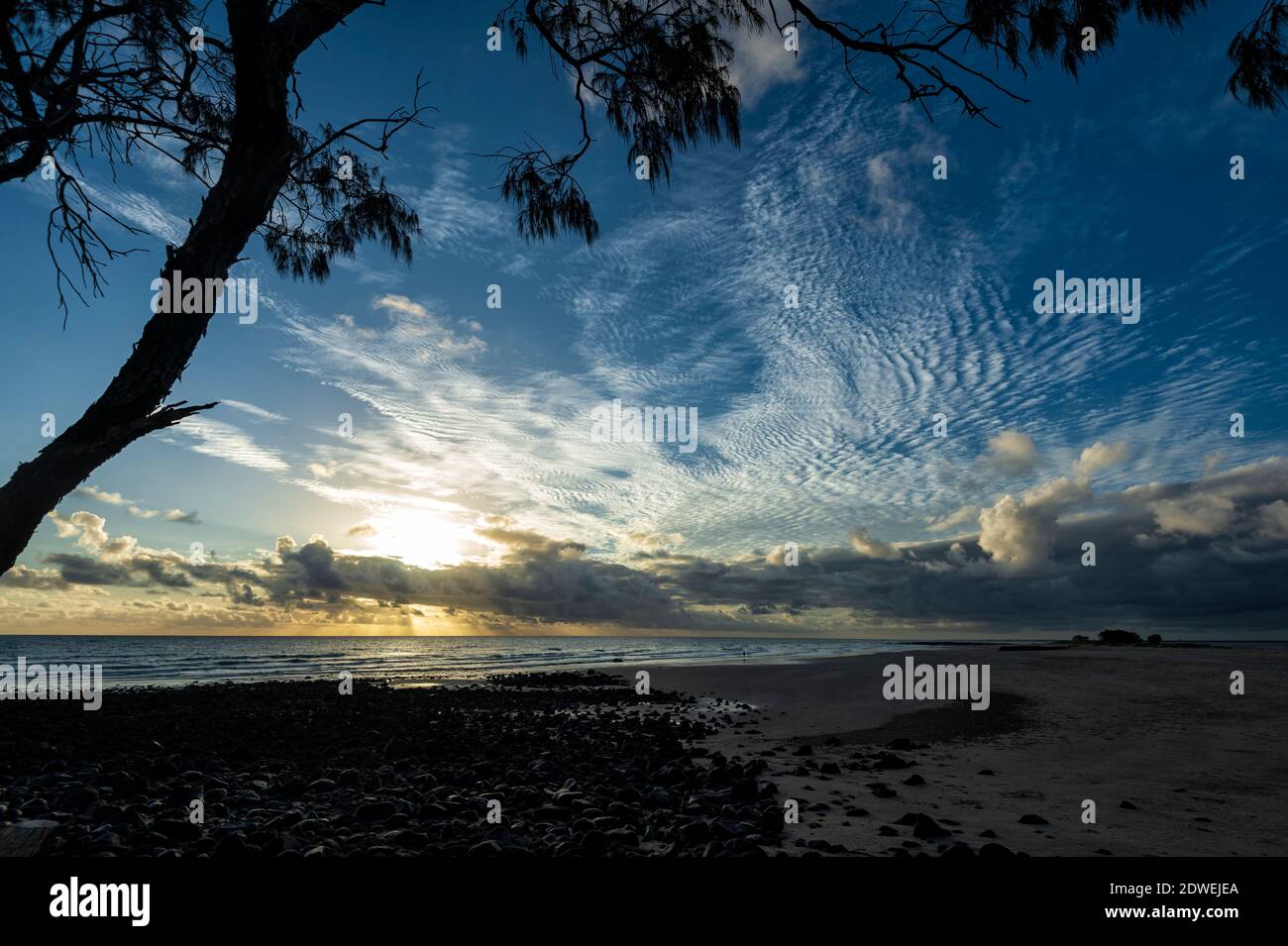 Sunrise over stormy clouds at the beach, Elliott Heads, Queensland, QLD ...