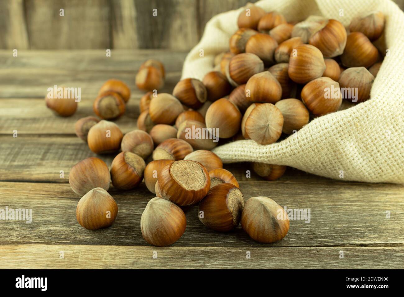 Hazelnut on a wood background with space for text. Free space for text ...