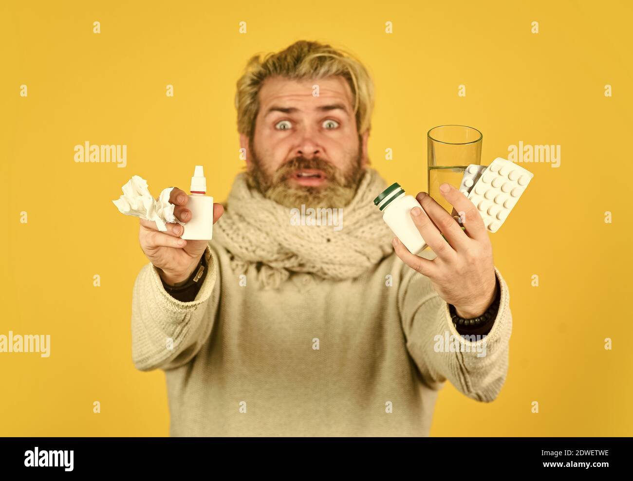 Medicines effective treatment. Bearded guy messy hair hold pills ...
