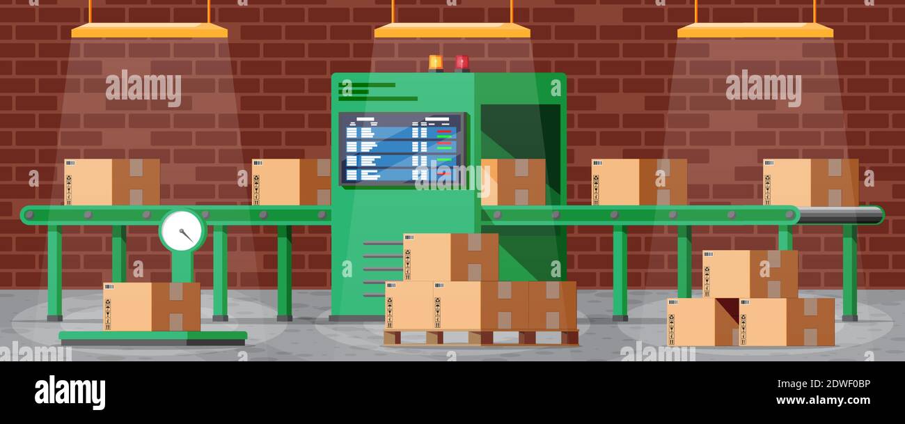 Conveyor belt machine concept interior. Modern factory equipment ...