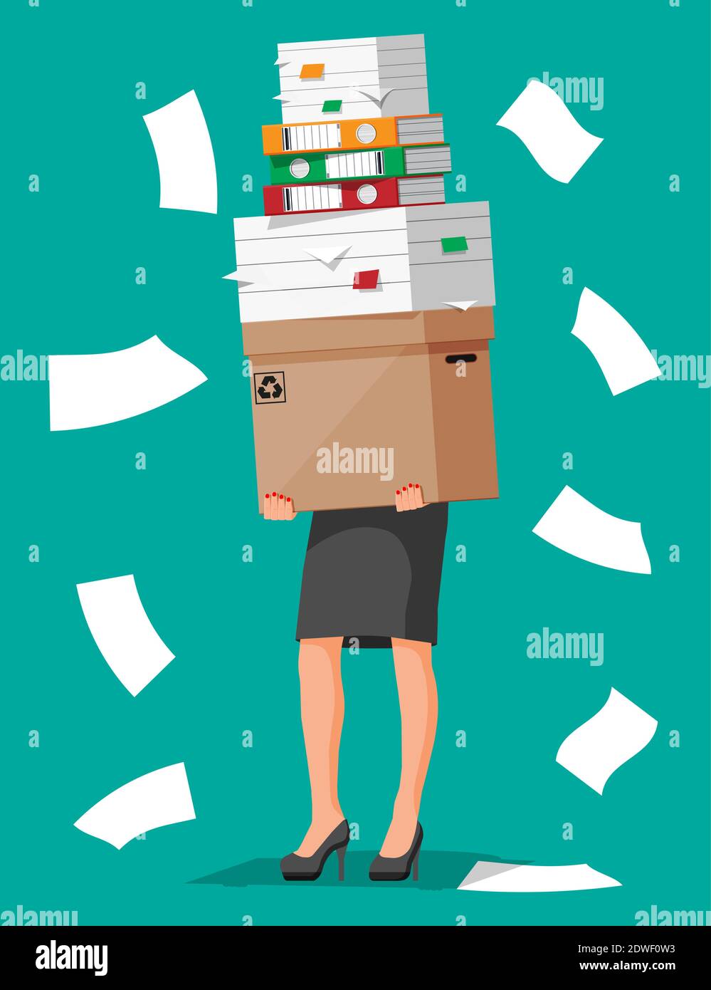 Stressed businesswoman holds pile of office documents. Overworked ...