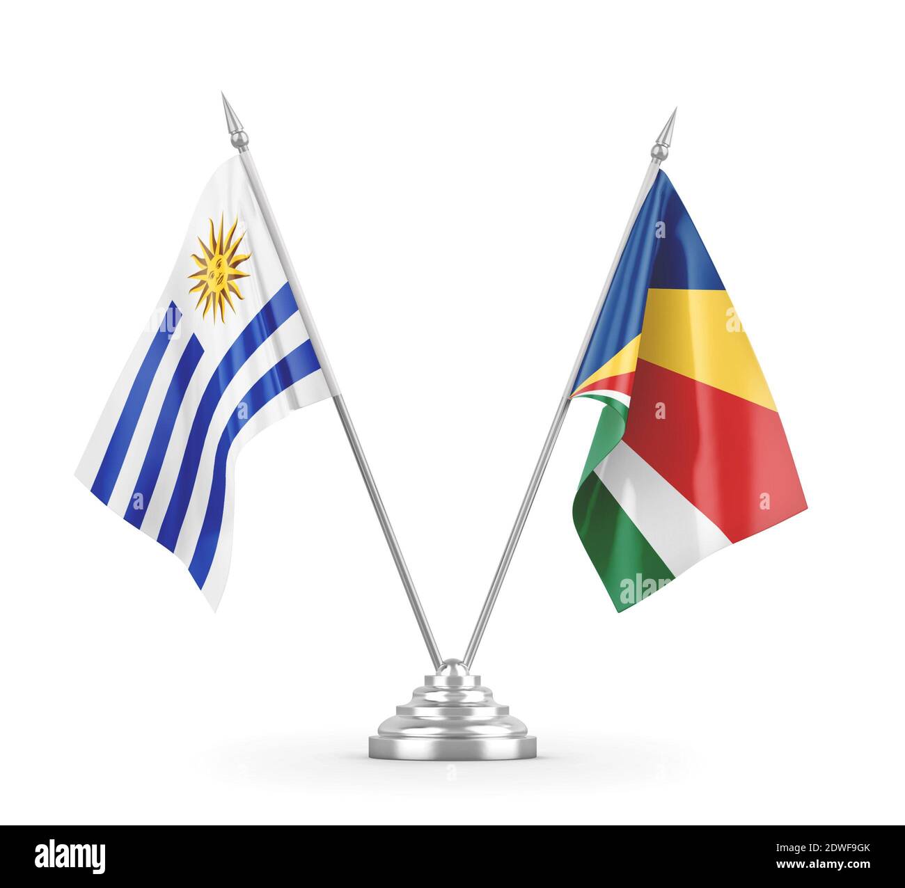 Seychelles and Uruguay table flags isolated on white 3D rendering Stock ...